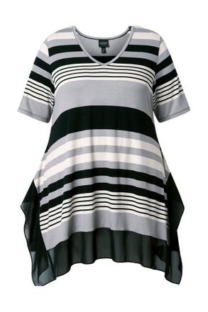 Ulla Popken T-Shirt T-Shirt Ringel Chiffonsaum V-Ausschnitt Halbarm