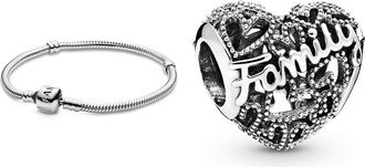 Pandora Moments Schlangen-Gliederarmband mit Zylinderverschluss & Family Herz Charm Sterling-Silber 8,6 x 10,8 x 11,5 mm (T/H/B)