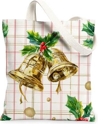 Generic Sacs fourre-tout en toile de No&euml;l, motif cloches et feuilles, r&eacute;utilisables, festifs, l&eacute;gers et lavables avec bandouli&egrave;re pour les vacances, les voyag