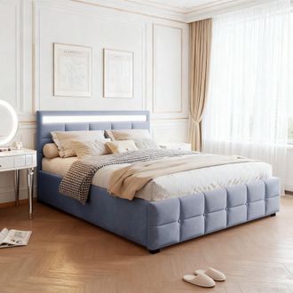 Generic Polsterbett 180 * 200cm, LED-Leuchten, Lattenrost, hydraulisches Einzelbett, ohne Matratze, holl&auml;ndischer Samtstoff, Grau