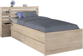 Parisot Lit enfant escale 90x190/200 cm - Décor chene - Tete de lit + 2 tiroirs - L121,5 x H88,6 x P216,8 cm