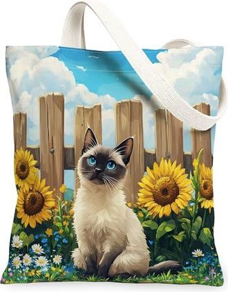 Generic Sac fourre-tout en toile motif chat siamois printanier pour faire du shopping, 33 x 38,1 cm, sac d&eacute;picerie r&eacute;utilisable pour femme, motif animal de co