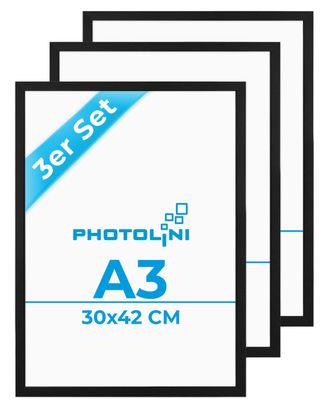 Photolini Bilderrahmen A3 Schwarz Holz MDF, 3er Set A3 Bilderrahmen 30x42 Holz MDF, DIN A 3 Rahmen mit Acrylglas, Picture Frame 42x30 zum Aufh&auml;ngen, Rahmen 42 x