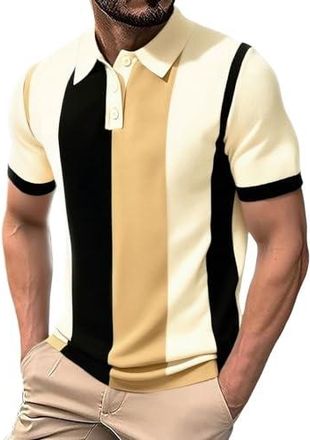 Generic Polo de couleur contrast&eacute;e &agrave; manches courtes et demi-boutons pour homme, pull tendance &agrave; col revers, confortable, doux &agrave; porter, haut de sport respira