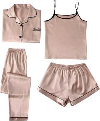 Generic Ensemble de pyjama 4 pièces pour femme en satin de soie, ensemble de pyjama à manches longues boutonné, pyjama caraco et short, pyjama pour femme, pyj