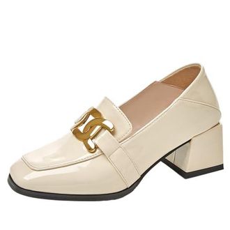 SJJH Chaussures pour femme avec pointe carr&eacute;e | Talon bloc de 5 cm et boucle en m&eacute;tal | Cuir brillant pour le bureau et la vie quotidienne, beige, 34 EU