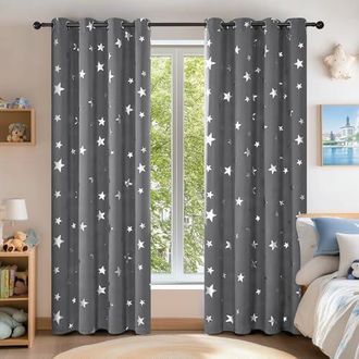 Deconovo Lot de 2 Rideaux Occultant Isotants Thermique Anti Froids Rideau pour Petite Fenetre &agrave; Oeillets Motifs Etoile Argente Gris Clair 140&times;180CM