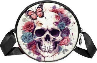 Generic Sac &agrave; bandouli&egrave;re rond pour femme, motif t&ecirc;te de mort et fleur, petit sac &agrave; dos &agrave; bandouli&egrave;re avec fermeture &eacute;clair, bretelles r&eacute;glables, sac &agrave; main r