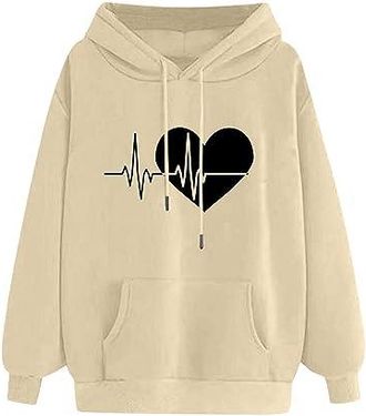 Generic Sweat à Capuche imprimé avec Motif de Marque de coeur pour Femmes, Haut Ample et Confortable avec Cordon de Serrage Sweat Streetwear Femme Vetements S