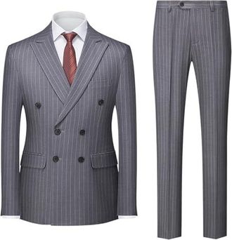 Generic Costume 2 pi&egrave;ces &agrave; double boutonnage pour homme avec veste et pantalon &agrave; rayures fines Coupe ajust&eacute;e, gris fonc&eacute;, 5XL