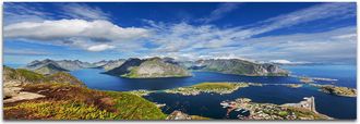 Paul Sinus Art Panoramabild auf Leinwand und Keilrahmen 120x40cm Norwegen Lofoten Berge Wasser Wolkenschleier