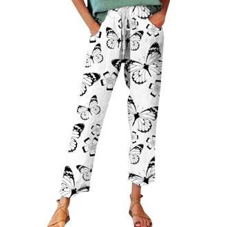 Generic Pantalon Femme Large Fluide en Lin Ample Pantalon Court en Lin pour Femme Grande Taille Taille Haute Jambe Large Longueur Cheville Ray&eacute; pour La Plage 