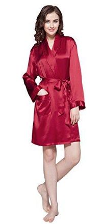 LilySilk Robe de Chambre en Soie Femme Peignoir &agrave; Manches Longues Kimono Court &agrave; Ceinture Uni Poches Pratiques 22 Momme S Rouge Vineux