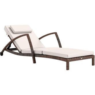 OUTSUNNY Bain de soleil transat style colonial r&eacute;sine tress&eacute;e - inclinable, 2 roulettes, accoudoirs - matelas t&eacute;ti&egrave;re beige
