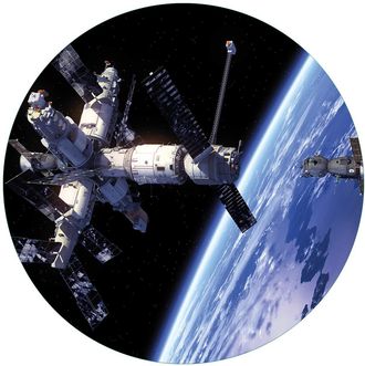 Wallario Glasbild rund Raumfahrt - Raumstation und Raumschiff im Weltall - Rund, 50 cm Durchmesser Wandbild Glas in Premium-Qualität: Brillante Farben, freisch