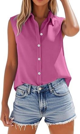 Generic Chemise unie pour femme - Coupe classique - En coton et lin - Sans manches - Col surdimensionné - Chemises de travail décontractées pour lentraînement