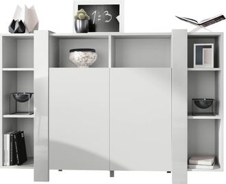 Vladon Highboard Ida, Made in Germany, Anrichte mit 12 Fächern, Korpus in Weiß matt, Blenden in Weiß Hochglanz (149 x 101 x 34 cm) | Große Farbauswahl