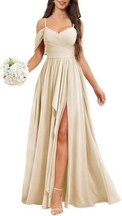 Generic Robe de demoiselle dhonneur à épaules dénudées avec fente plissée en mousseline de soie - Robe formelle pour invitée de mariage, champagne, 46 Grande 