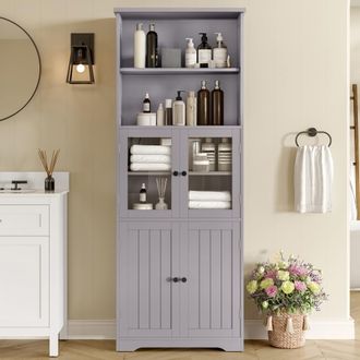 Generic Hochschrank Badezimmerschrank Grau Lackiert 160 cm Badm&ouml;bel Stehend MDF mit Glast&uuml;r & Offenen F&auml;chern Schmaler Nischenschrank Vitrine Viel Stauraum f&uuml;