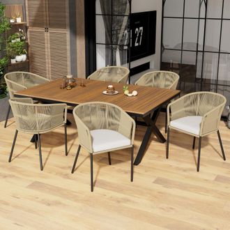 STILVORA Ensemble Table et Chaises avec 1 Table Rectangulaire et 6 Fauteuils, pour 6 personnes et Terrasse, Bois DAcacia et Fer, Beige