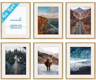 Photolini Cadre 40 x 50 bois MDF doré, lot de 6 cadres photo avec passe-partout pour posters et affiches, verre acrylique incassable, décoration murale à suspen