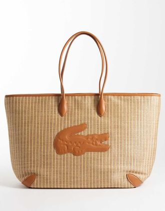 Lacoste Tragetasche aus Rattan in nat&uuml;rlichem Hellbraun mit Kroko-Logo
