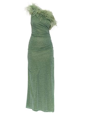 Os&eacute;ree robe longue en soie bord&eacute;e de plumes - Vert