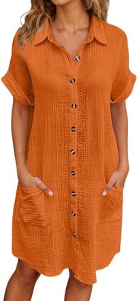 Generic sommerkleid damen kurz weiß, Musselin Kleid Damen Leicht Luftig Sommerkleid Strandkleid V-Ausschnitt Knopfleiste Shirtkleid Freizeitkleid Sommer Kurza