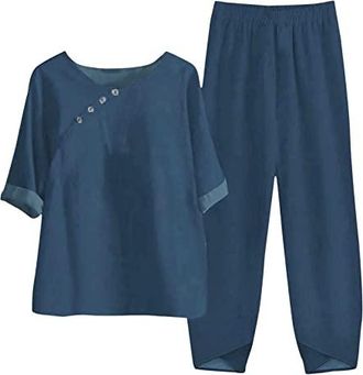 Generic Pyjama femme Nicki imprimé décontracté pour femme, lin, manches moyennes, taille haute, poche de pantalon ample, ensemble 2 pièces avec bas et combina