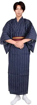 Generic Kimono traditionnel japonais à manches longues pour homme - Peignoir de bain Yukata facile à porter - Chemise de nuit unisexe avec ceinture Obi, 24 Bl