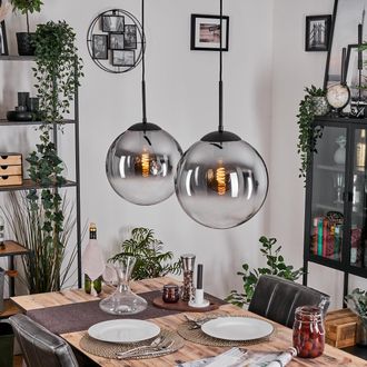 HOFSTEIN H&auml;ngeleuchte Gastor, 2-flammige H&auml;ngelampe aus Metall/Glas in Schwarz/Rauch/Klar, Retro/Vintage-Design (&Oslash; 30cm), E27, Pendelleuchte h&ouml;henverstellbar m