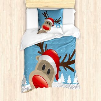 Abakuhaus Weihnachten Bettbezug Set für Einzelbetten, Rentier Rudolph Hut, Milbensicher Allergiker geeignet mit Kissenbezug, Blassblau Rot Hellbraun