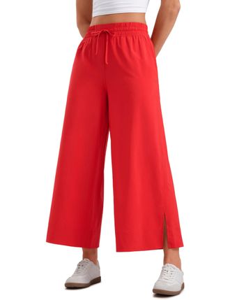 CRZ YOGA Leicht Weites Bein Capri Chinohose Hohe Taille Locker Hose Lässig Lounge Sommer Sporthose mit Taschen - 64cm Tiefrot 36