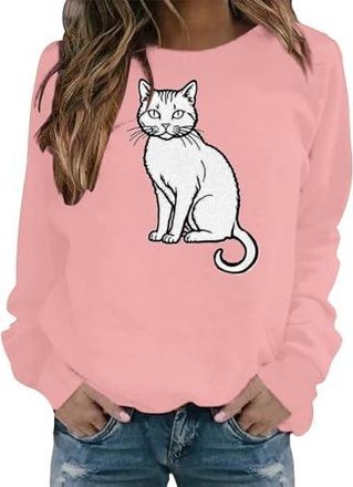 Generic Chandail en coton molletonné à col rond et à manches longues pour femme, haut léger et décontracté pour amoureux des chats, rose, S