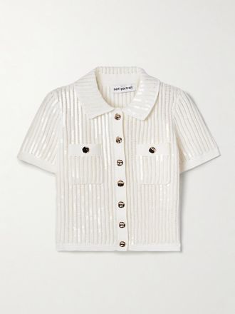 Self Portrait Verkürztes Hemd Aus Einer Gehäkelten Baumwoll-kaschmirmischung Mit Pailletten - Weiß