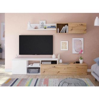 F.R.S. Meuble tv de salon, Mur &eacute;quip&eacute; moderne avec module de suspension et &eacute;tag&egrave;re, Cm 220x40h44, Couleur Ch&ecirc;ne avec effet noeuds et Blanc