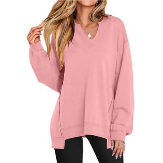 Generic Diligentup Chandail &agrave; col en V, sweat-shirt surdimensionn&eacute; &agrave; manches longues pour femme, tunique l&eacute;g&egrave;re, confortable et chic pour lautomne, rose, XXL