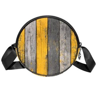 Generic Sac &agrave; bandouli&egrave;re circulaire pour femme, jaune et gris, motif planches de bois d&eacute;grad&eacute;, petit sac &agrave; dos &agrave; bandouli&egrave;re avec fermeture &eacute;clair, bretelles