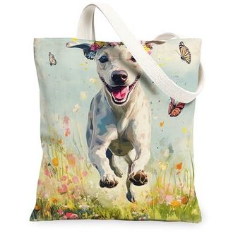 Generic Sac fourre-tout en toile motif chien Whippet de printemps 33 x 38,1 cm, sac d&eacute;picerie r&eacute;utilisable pour femme, animal de compagnie, peinture de voyage