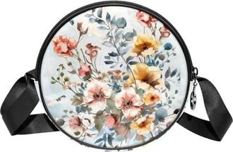 Generic Sac &agrave; bandouli&egrave;re rond pour femme, motif fleurs aquarelles, petit sac &agrave; dos &agrave; bandouli&egrave;re avec fermeture &eacute;clair, bretelles r&eacute;glables, sac &agrave; main rond 