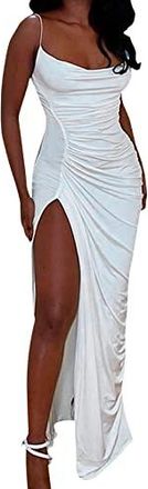 Generic Robe amincissante en satin pour femme - &Eacute;paules d&eacute;nud&eacute;es - Dos nu - Fente haute - Robe de bal &eacute;l&eacute;gante, blanc, XXL