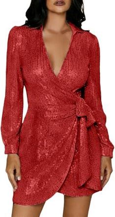 Generico Robe de cocktail &eacute;l&eacute;gante et brillante &agrave; manches longues avec ceinture et d&eacute;collet&eacute; en V pour femme, rouge, XX-Large