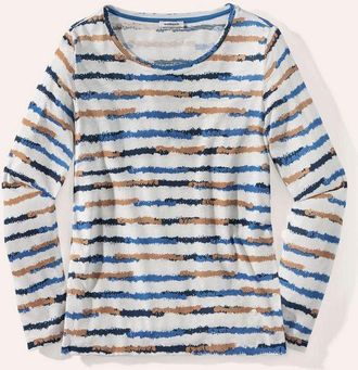 Walbusch T-Shirt Damen Abstract Stripe Baumwollshirt Langarm Rundhals Flammengarn mit lebendiger Streifen-Optik, pflegeleicht, vielseitig