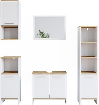 Vicco Badmöbel-Set Weiß Elvio, bestehend aus Bad Spiegelschrank, Midischrank, Hängeschrank, Waschbeckenunterschrank, Hochschrank - Schlichte Linienführung f