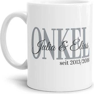 Tassendruck Tasse - Onkel seit - zum selbst Gestalten mit Kindernamen und Geburtsjahren - Geschenk für den besten Onkel - Keramiktasse, Weiß Glanz, 300 ml