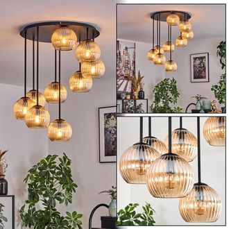 HOFSTEIN Deckenleuchte Koyoto, 9-flammige Deckenlampe aus Metall/Riffelglas in Schwarz/Bernstein, Leuchte im Retro/Vintage-Design (Schirme &Oslash; 15 cm), E14, Esszi
