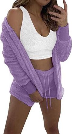 Generic Ensemble de pyjama dhiver pour femme - Pyjama moelleux pour femme, couleur pure, ensemble de vêtements de détente confortables et doux à manches longu