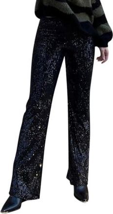 Onsoyours Femmes Paillettes Taille Haute Jambe Large Pantalon Sequin Cloche Bas Pantalon Mode Brillant Soirée Clubwear Couleur Unie Pantalon Femme Chic B Noir L
