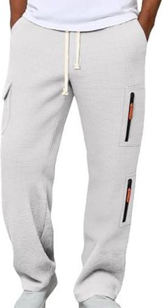 Generic Pantalon de surv&ecirc;tement pour homme - Motif gaufr&eacute; - Pantalon de jogging multi-poches - Jambe droite - Couleur unie - Taille &eacute;lastique avec cordon de s