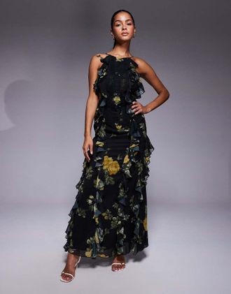 Asos Robe volantée longue à imprimé fleuri et détails échelle-Multicolore